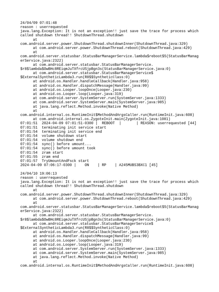 Android Reboot and Shutdown Logs | PDF | Java (Programming Language) | Software Development