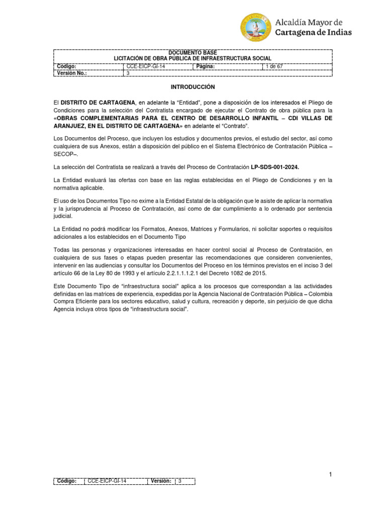 Pliegos de Condiciones Definitivos LP-SDS-001-2024 CARTAGENA | PDF