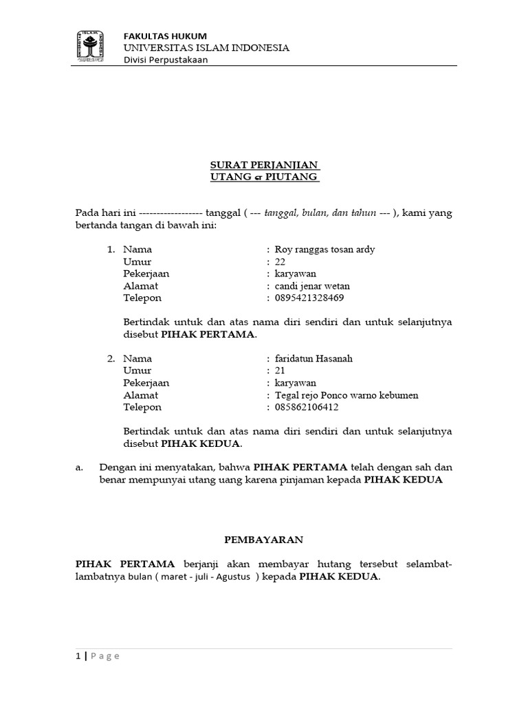 Surat Perjanjian Utang-Piutang Resmi | PDF