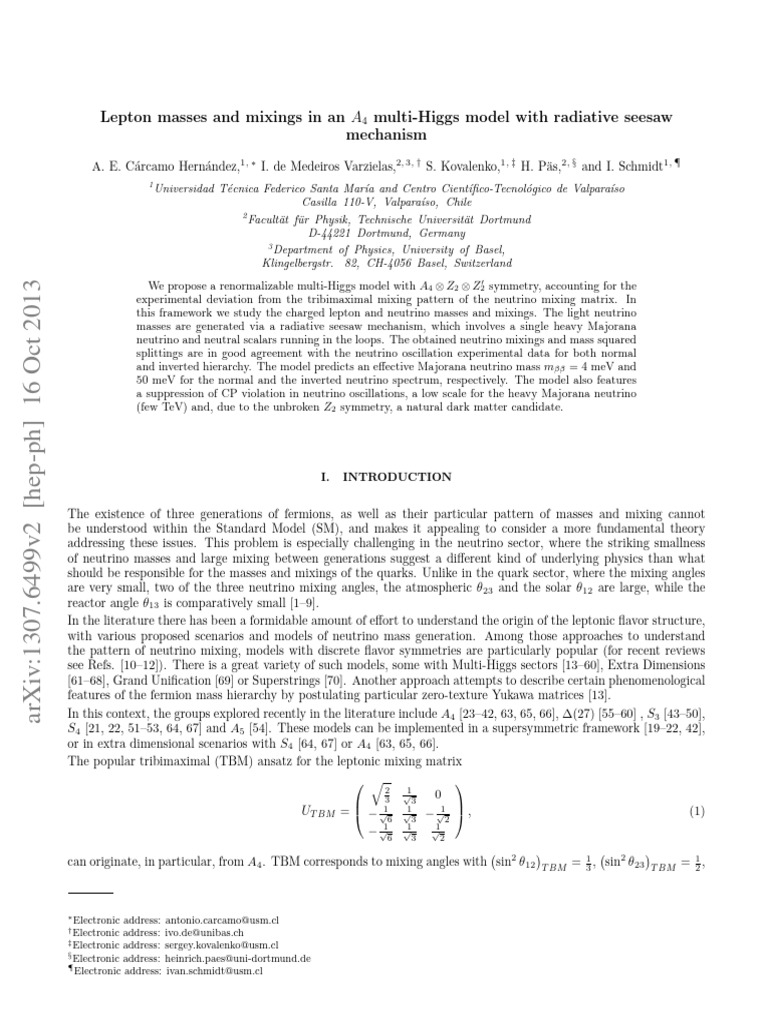 Lepton Masses and Mixings in A A 4 Multi | PDF | Neutrino | Mathematical Physics