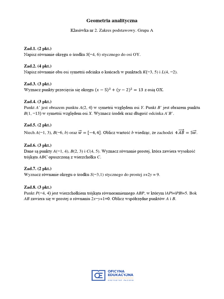 2022 2 Klasowka Kl3 Geometria Analityczna Zp Ab | PDF