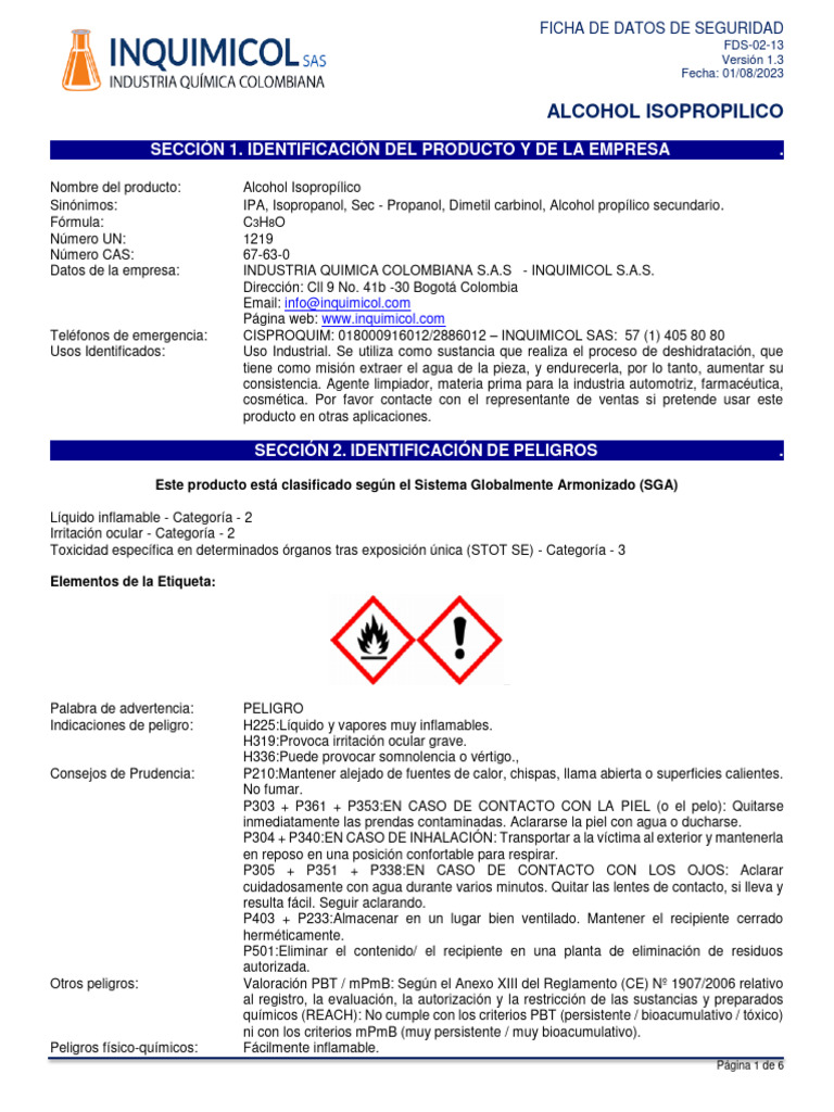 Ficha de Seguridad Alcohol Isopropílico | PDF | Agua | Dióxido de carbono