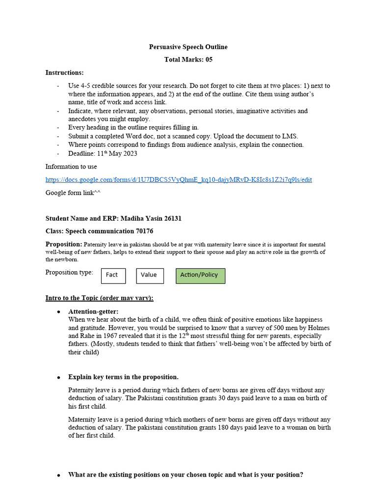 Persuasive Speech Outline | PDF | Parental Leave | Infants