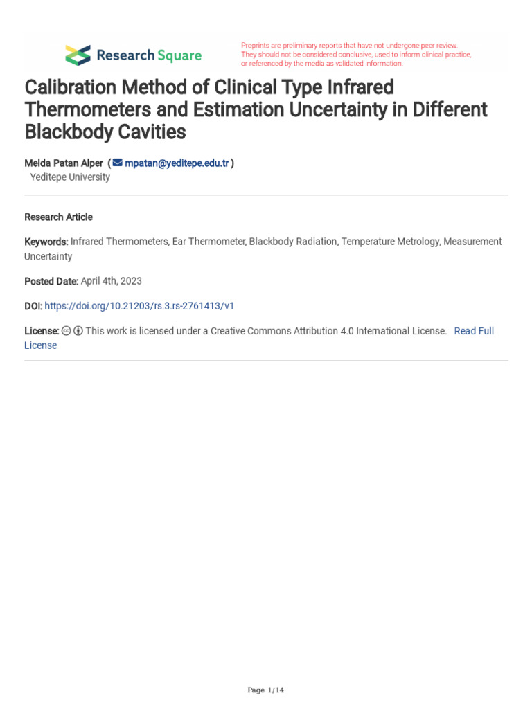Calibration Method of Clinical Type Infrared Thermometers and ...