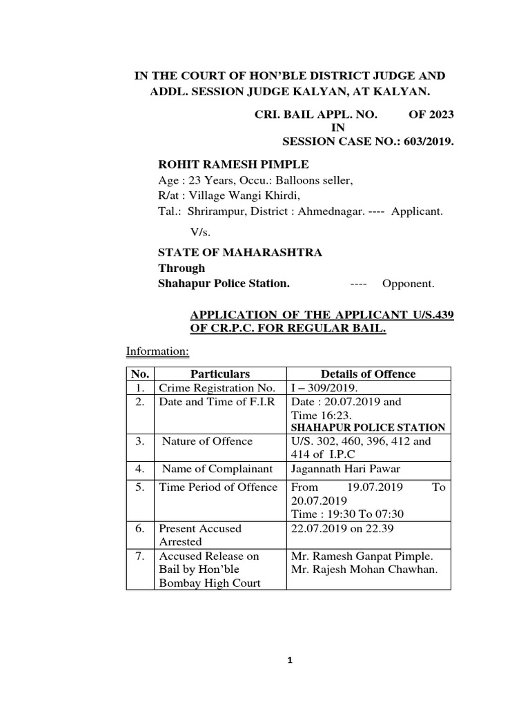 ROHIT RAMESH PIMPLE BAIL APPLICATION NEw | PDF | Bail | Arrest