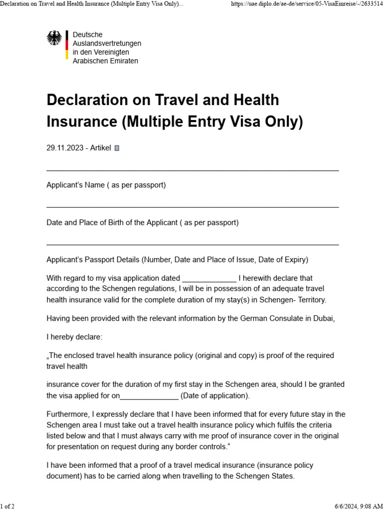 Declaration On Travel and Health Insurance (Multiple Entry Visa Only) - Auswärtiges Amt | PDF ...