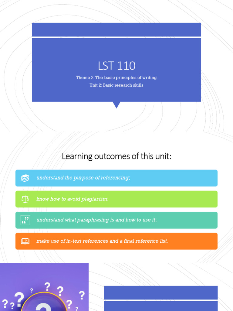 2022 LST 110 Lecture 3 - Unit 2 (Referencing) | PDF | Essays | Plagiarism 2022 LST 110 Lecture 3 - Unit 2 (Referencing) | PDF | Essays | Plagiarism