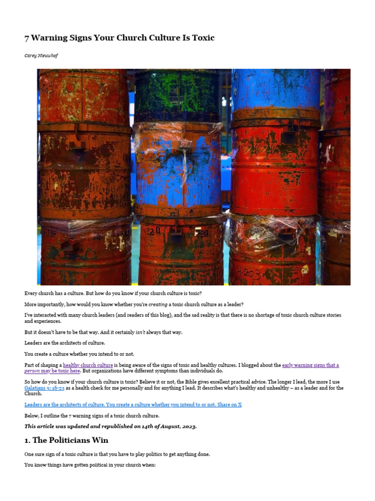 7 Warning Signs Your Church Culture Is Toxic - CareyNieuwhof.com | PDF