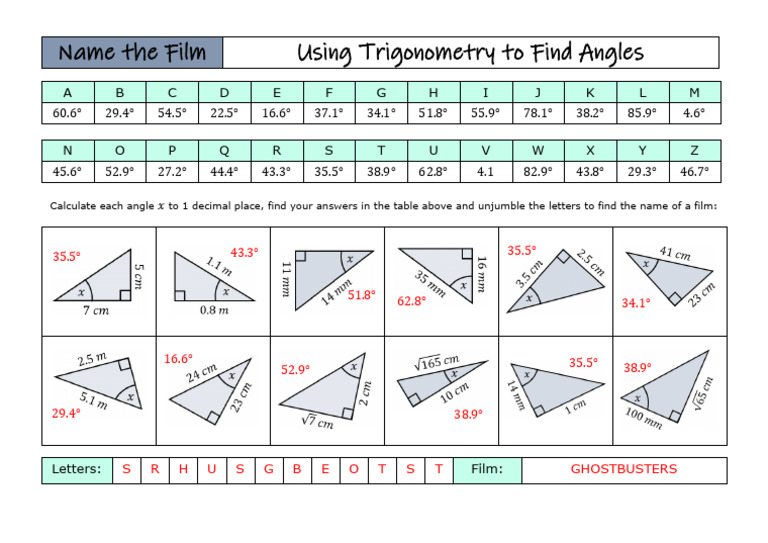 Finding Angles Using Trigonometry Name The Film Answers | PDF