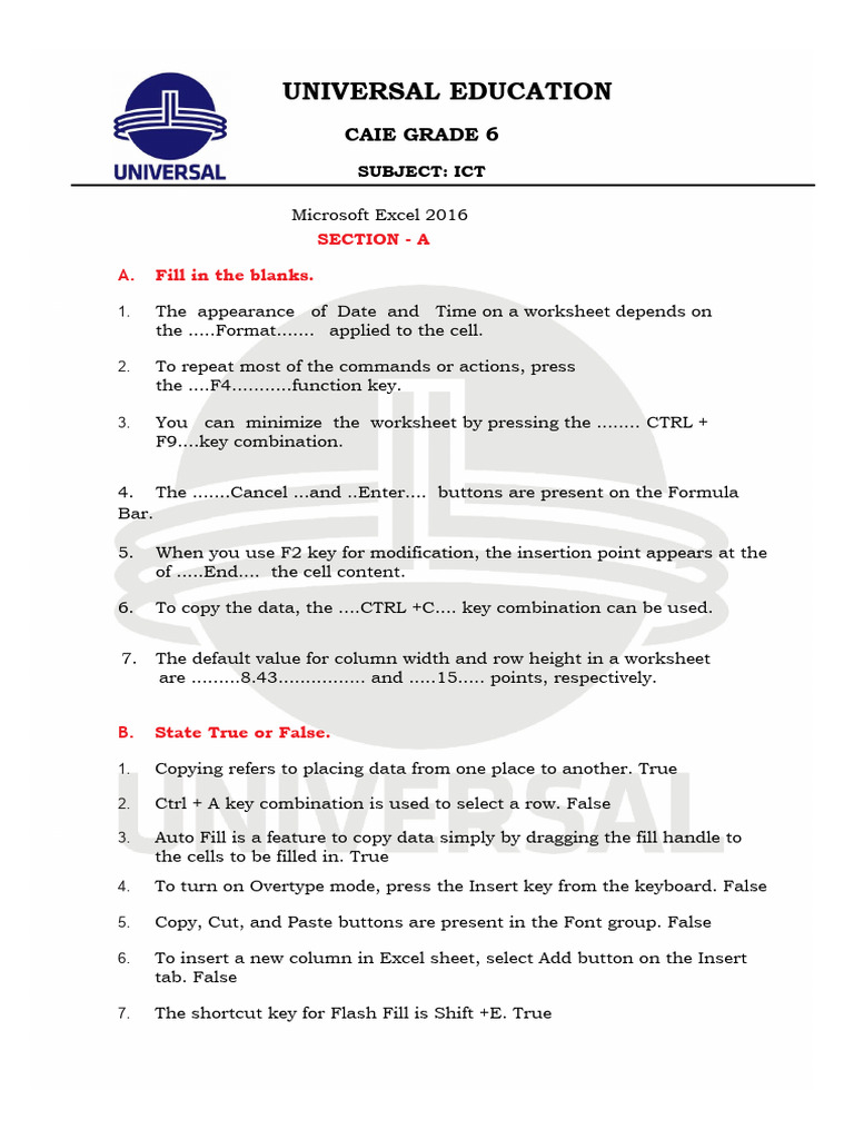 Microsoft Excel 2016 Grade 6 ICT Guide | PDF | Keyboard Shortcut ...