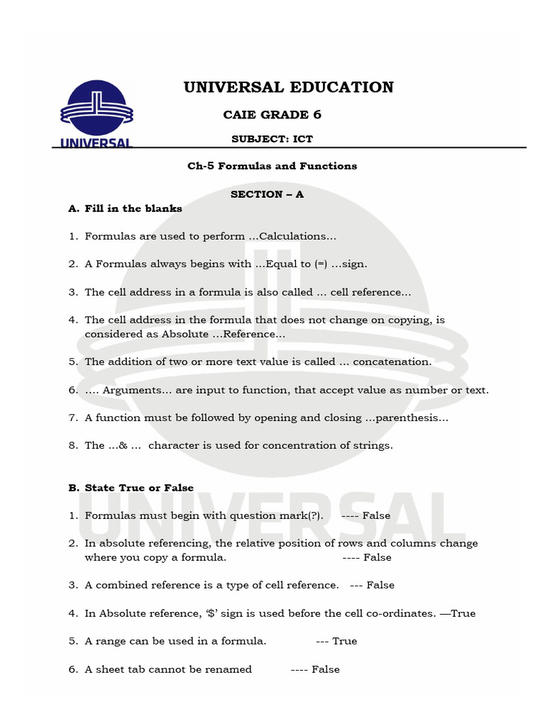 CAIE-ICT - Formulas and Functions - Grade 6 | PDF | Function (Mathematics) | Formula