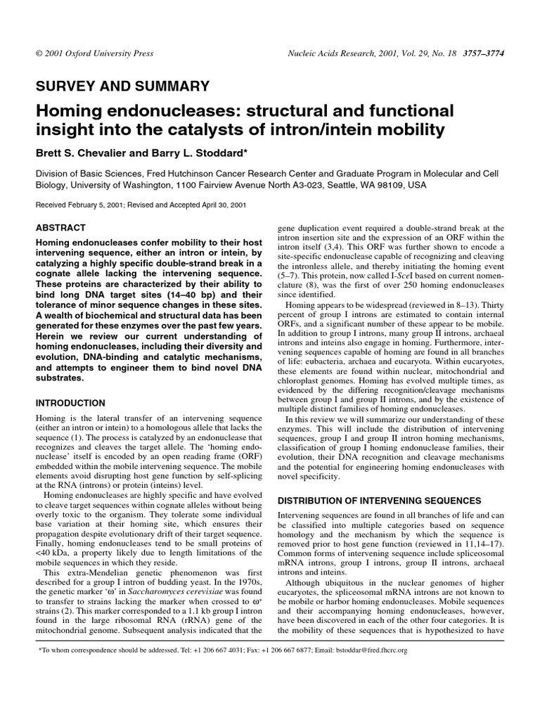 Homing Endonucleases: Structure & Function | PDF | Intron | Dna