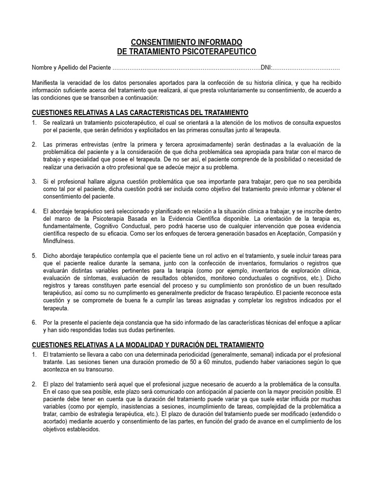 CONSENTIMIENTO-INFORMADO (Primer Modelo) | PDF | Psicoterapia | Terapia CONSENTIMIENTO-INFORMADO (Primer Modelo) | PDF | Psicoterapia | Terapia