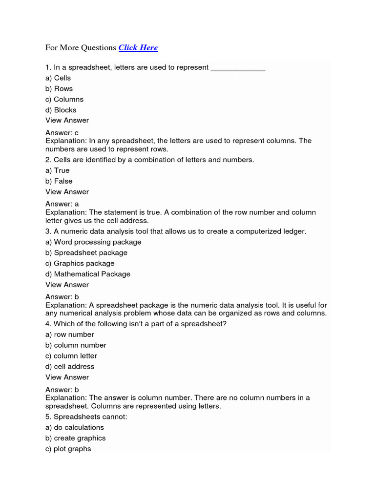 Mcq on Spreadsheet | Download Free PDF | Spreadsheet | Computer Programming