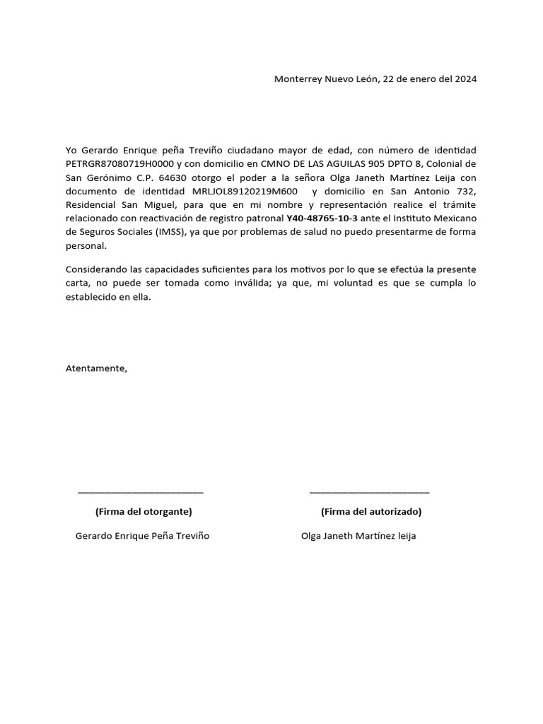 Carta Poder para Tramites IMSS | PDF