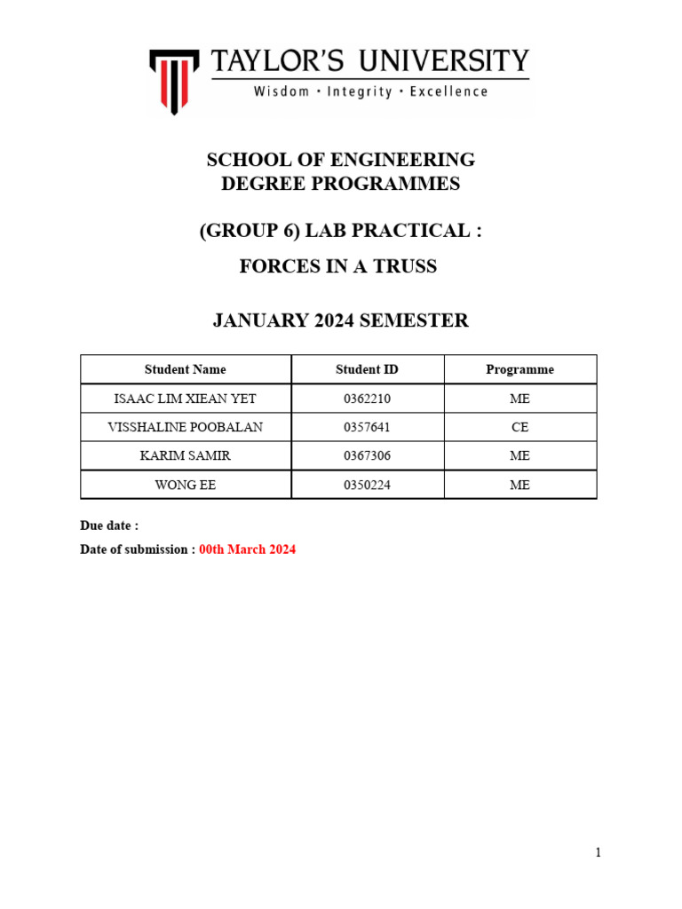 Engineering Statics Lab Report Force in A Truss - Group 6 | PDF | Force ...