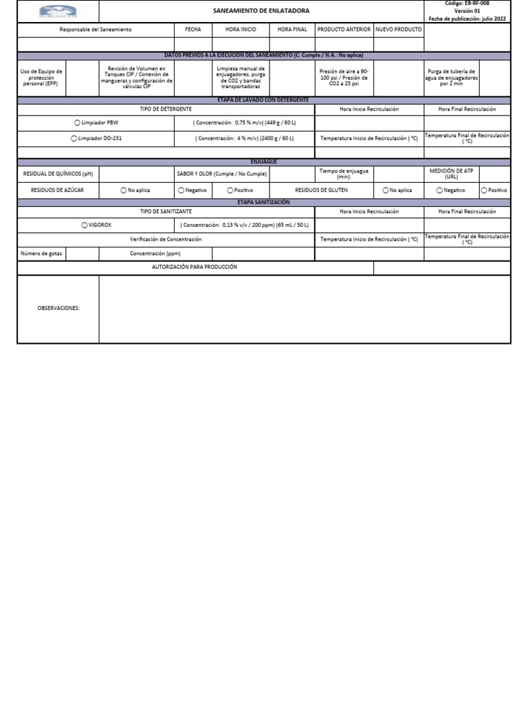 EB-RF-008 Registro de Saneamiento de Enlatadora | PDF | Saneamiento | Concentración