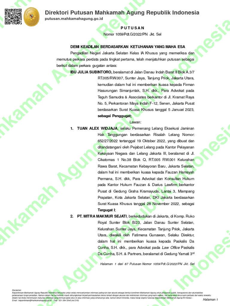 Putusan Perdata Nomor 1059/PN Jkt Sel | PDF