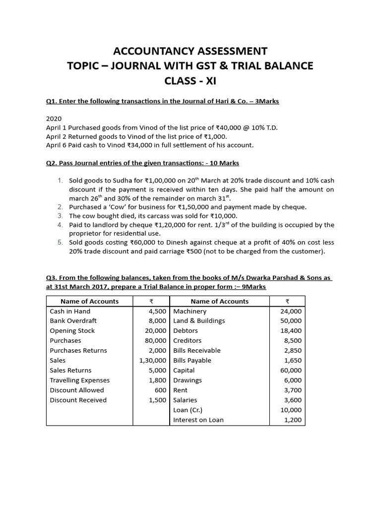 Accountancy Assessment Topic - Journal With GST & Trial Balance Class ...