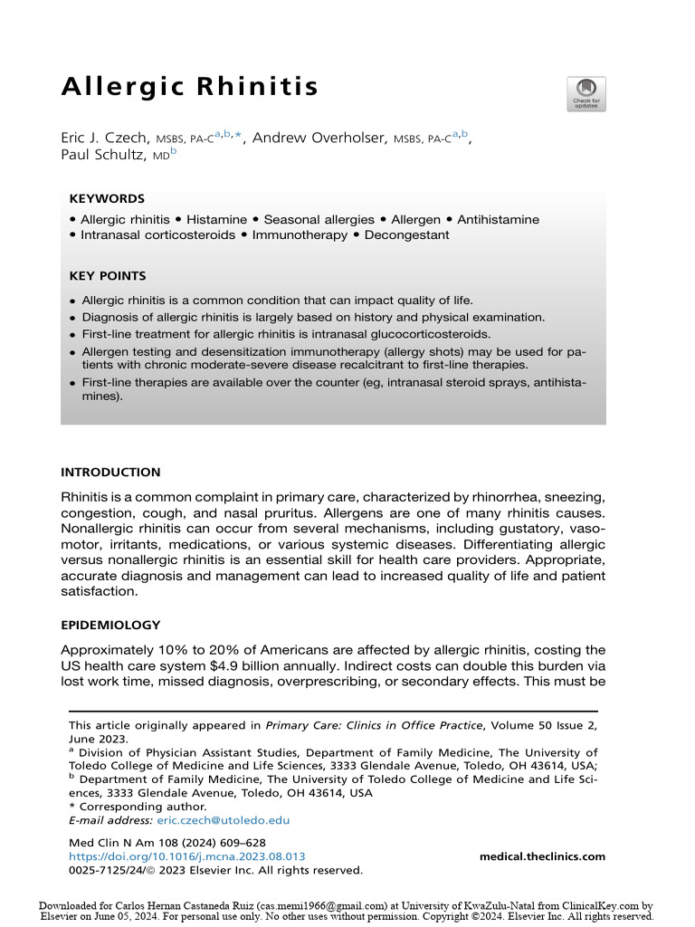 Allergicrhinitis: Eric J. Czech,, Andrew Overholser,, Paul Schultz ...