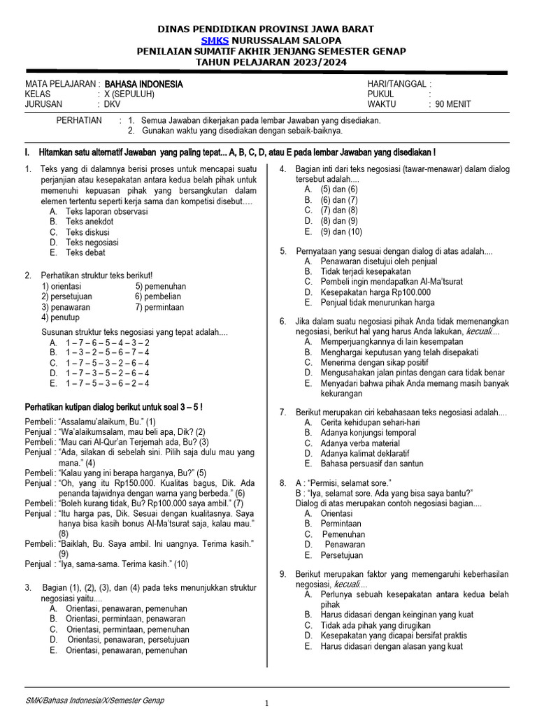 Soal PSAJ Kelas X - Bahasa Indonesia | PDF