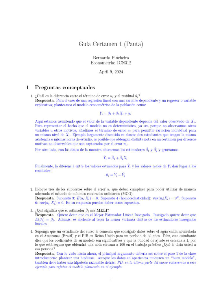 Guía Certamen 1 Econometría ICN312 (Pauta) 2024-1 | PDF | Mínimos cuadrados ordinarios | Métodos ...