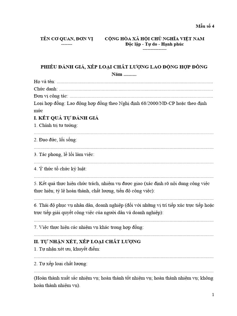 MAU SO 4 - Phieu Danh Gia Va Xep Loai Lao Dong Hop Dong Năm | PDF