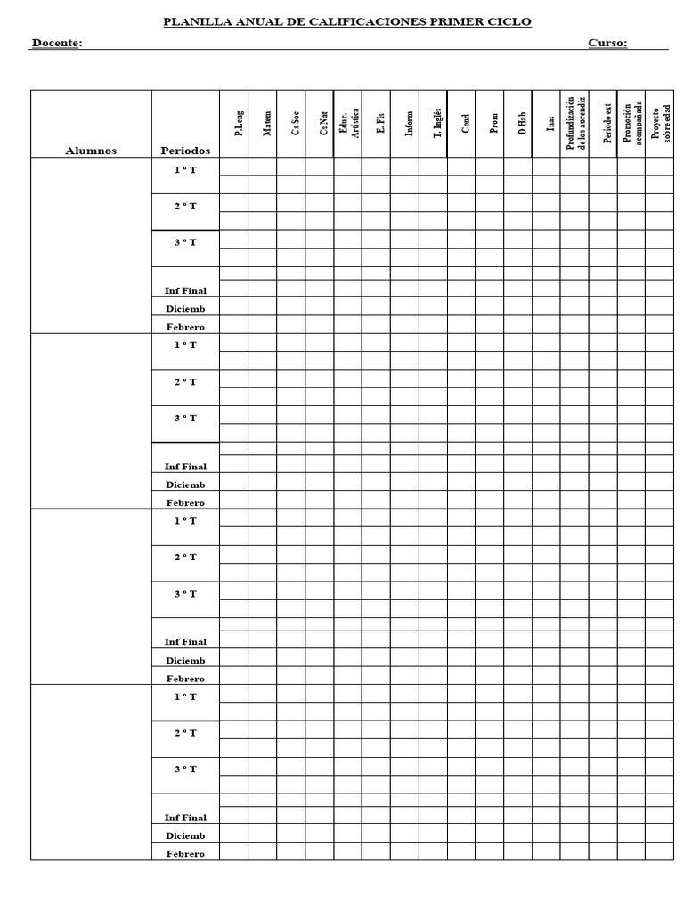 Planilla Anual de Calificaciones Primer Ciclo | PDF