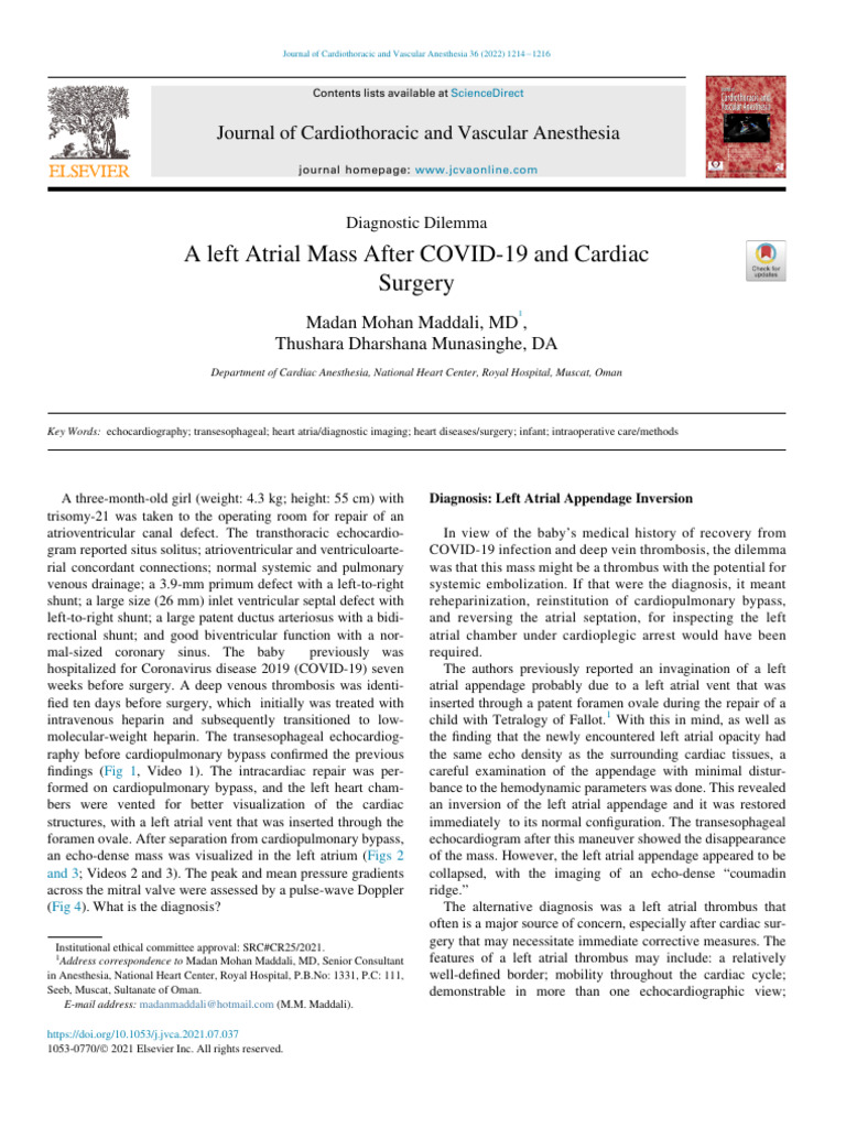 A Left Atrial Mass After COVID 19 and Cardiac Surg | PDF | Atrium ...