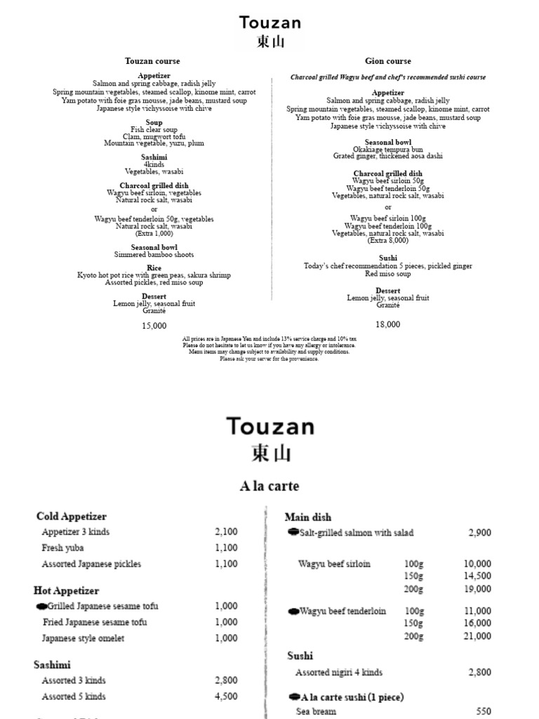 Touzan Dinner Menu | PDF | Sushi | Japanese Cuisine