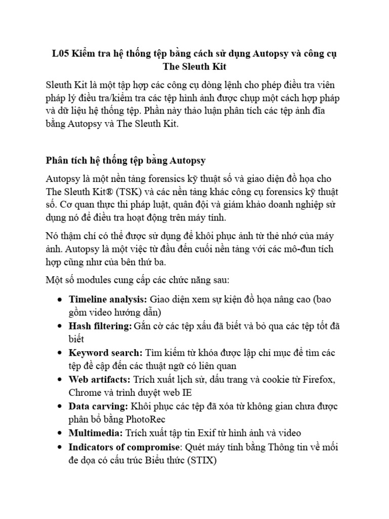 L05 Kiểm tra hệ thống tệp bằng cách sử dụng Autopsy và công cụ The Sleuth Kit | PDF