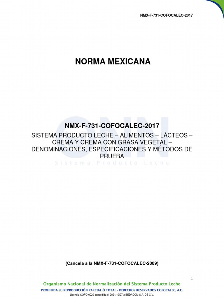 NMX F 731 Cofocalec 2017 | PDF | Leche | Crema