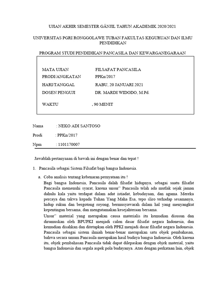 uas filsafat pancasila neko adi | PDF