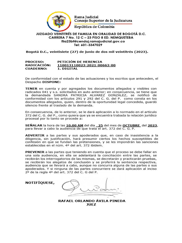 4A 2021-00663 TIENE NOTIFICADA DDA NO CONTESTA y FIJA FECHA ART 372 ...