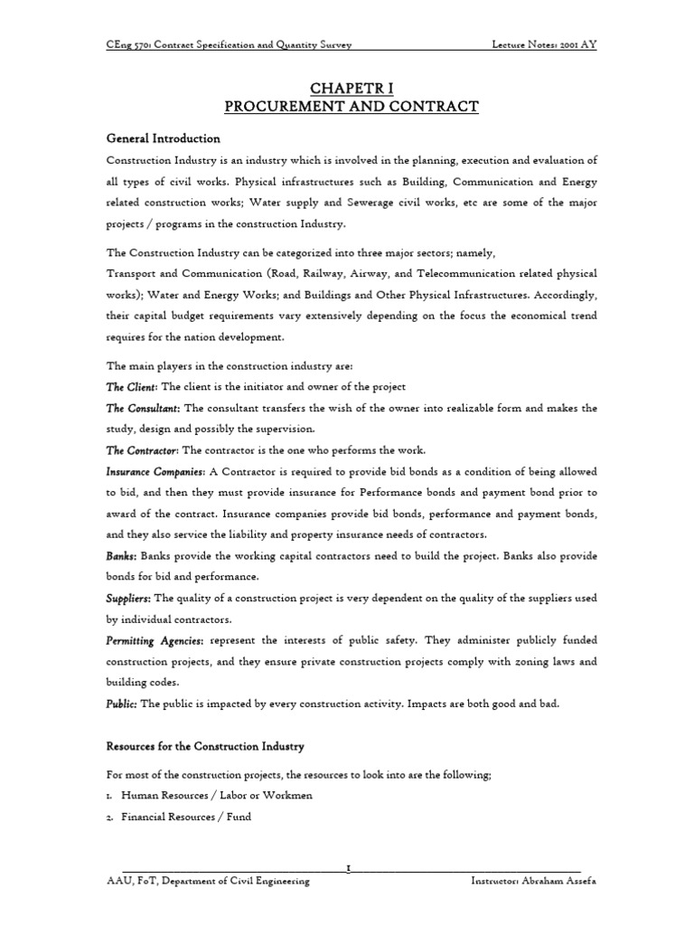 Contract, Specification and QS Course Lecture Note | PDF | Procurement ...