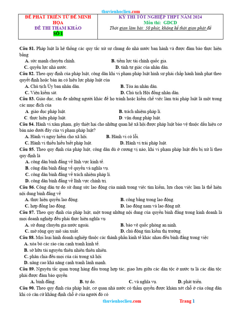 Thuvienhoclieu.com 10 de on Thi TN THPT 2024 GDCD Phat Trien de Minh Hoa | PDF