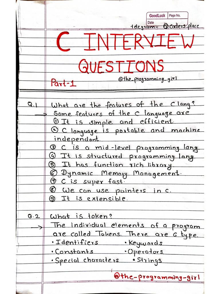 C Interview Questions Handwritten Notes | PDF