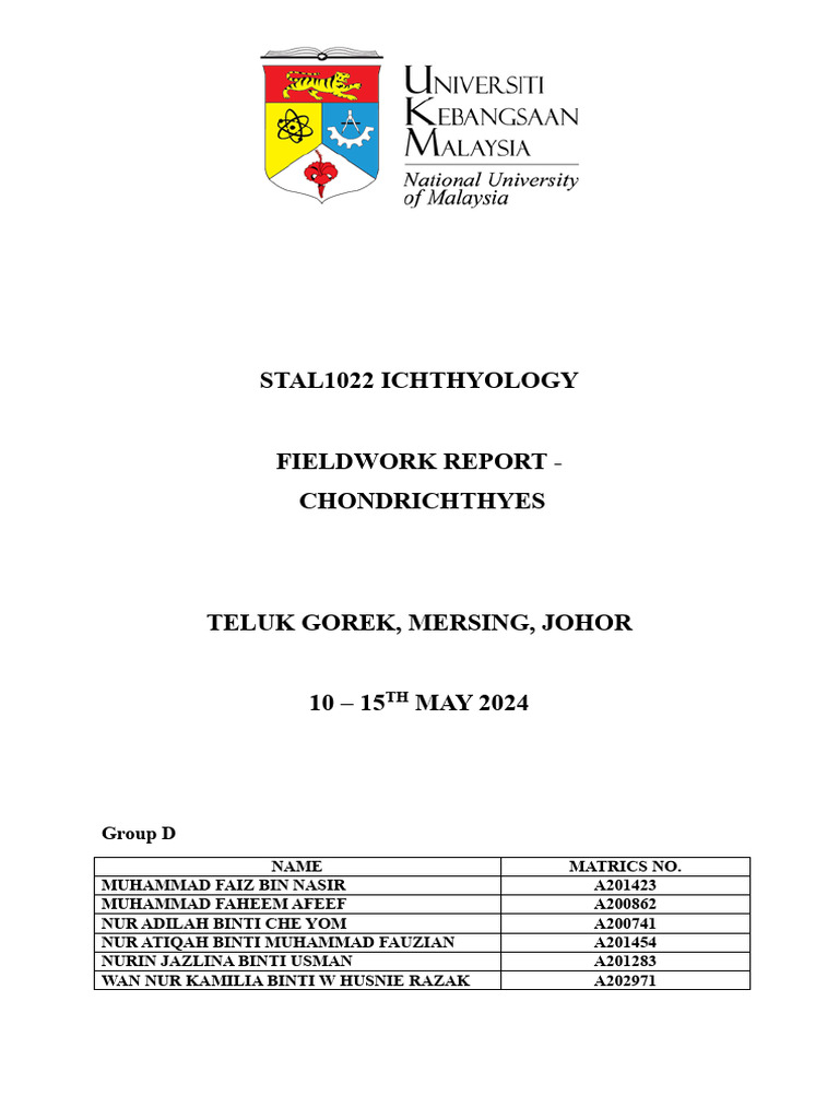 STAL1022 Fieldwork Report Chondrichthyes - Group D | PDF | Fish
