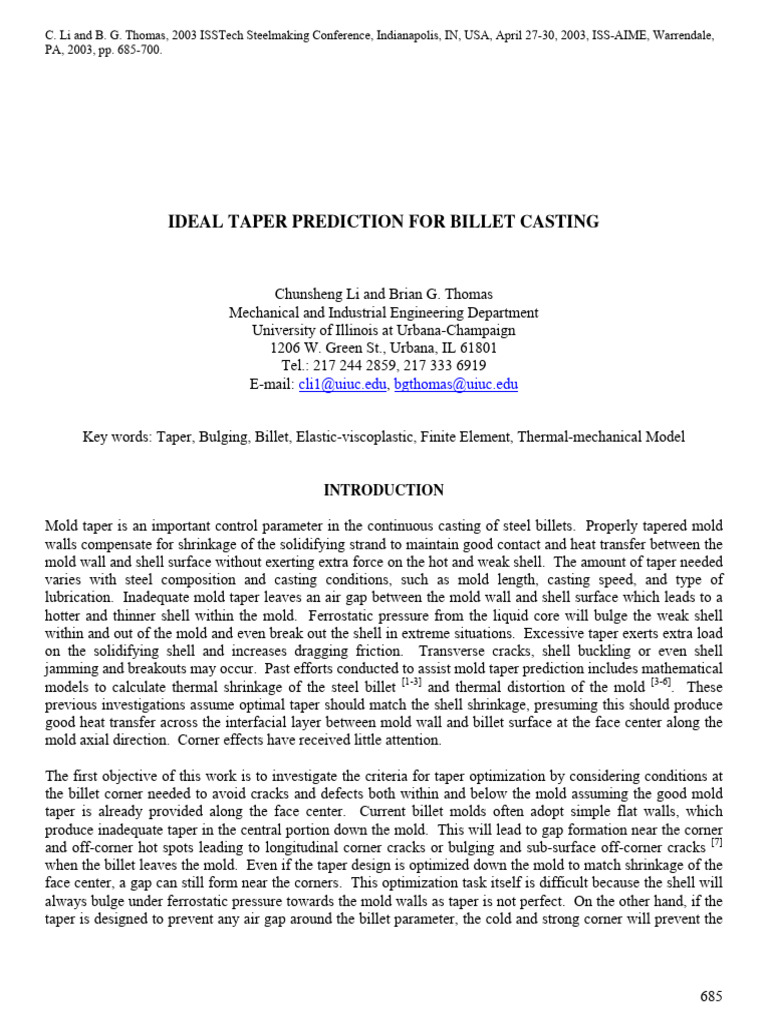 Ideal Taper Prediction for Billet Casting | Download Free PDF | Fracture | Heat Transfer