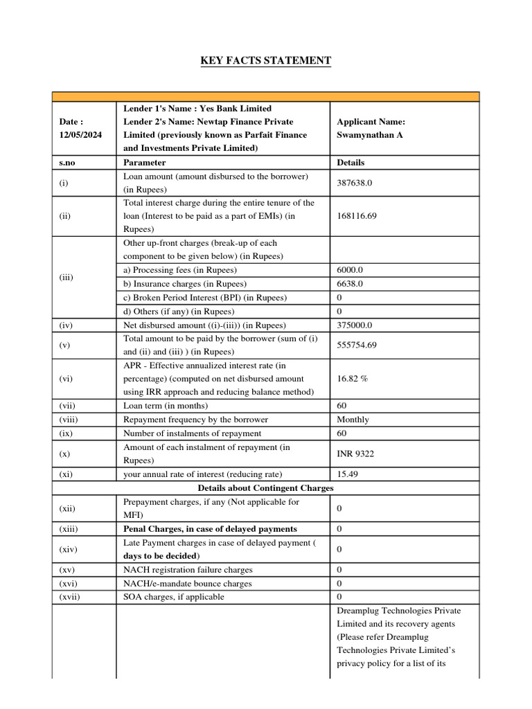 Key Facts Statement | Download Free PDF | Loans | Interest