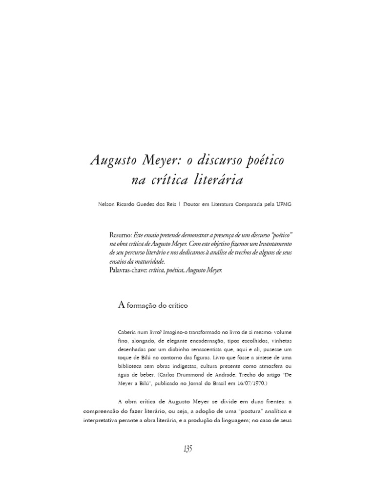 Augusto Meyer o Discurso Poetico Na Critica Litera | PDF | Crítica | Poesia