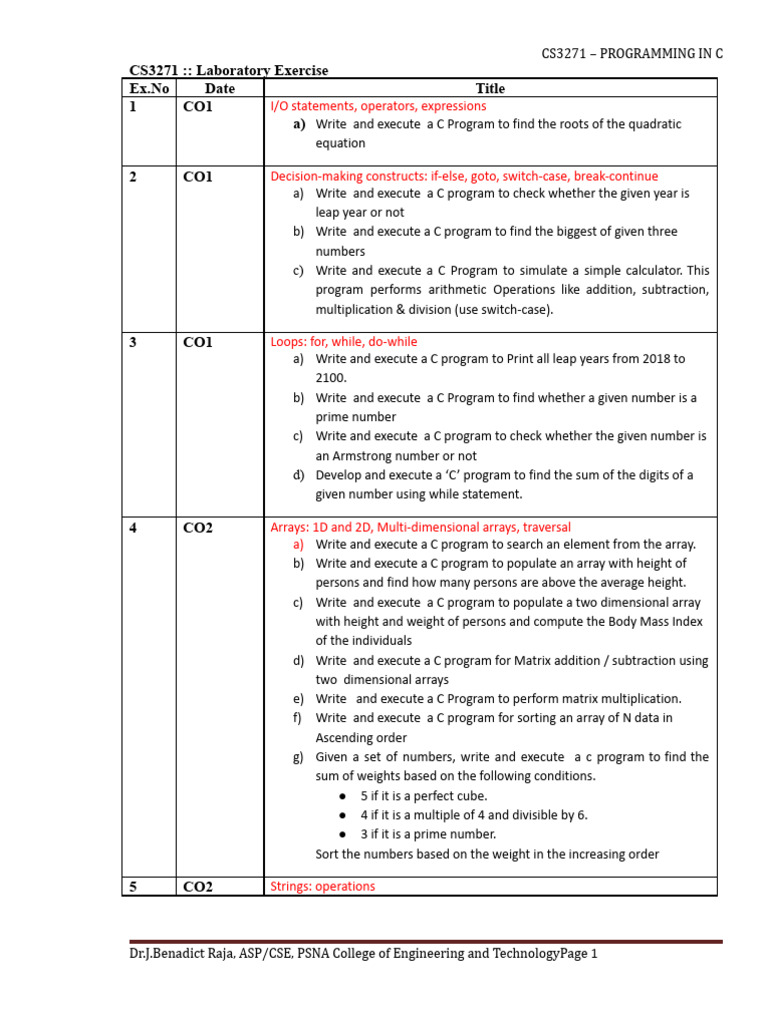 Cs3271 Laboratory Exercise List Pdf C Programming Language Pointer Computer Programming 