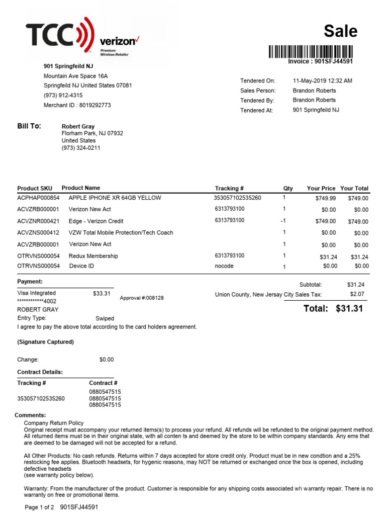Verizon Sales Receipt and Return Policy | PDF
