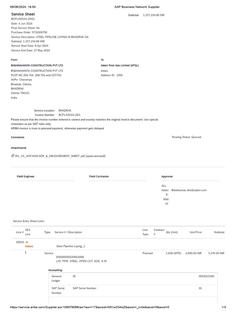 Steel Pipeline Laying Invoice Details | PDF | Invoice