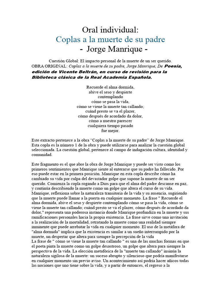 Oral individual Coplas Jorge Manrique | PDF