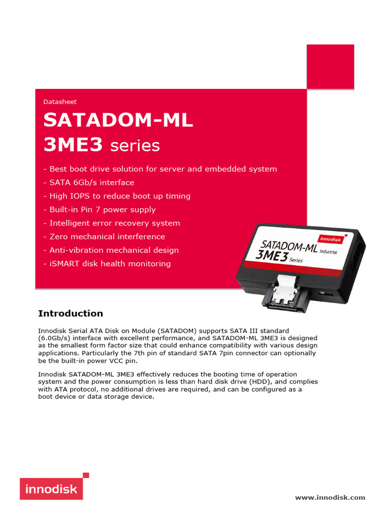 Innodisk SATADOM-ML 3ME3 Datasheet | PDF | Solid State Drive | Hard Disk Drive