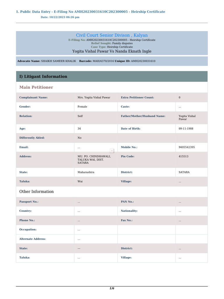 Civil Court Senior Divison, Kalyan: I) Litigant Information | PDF ...