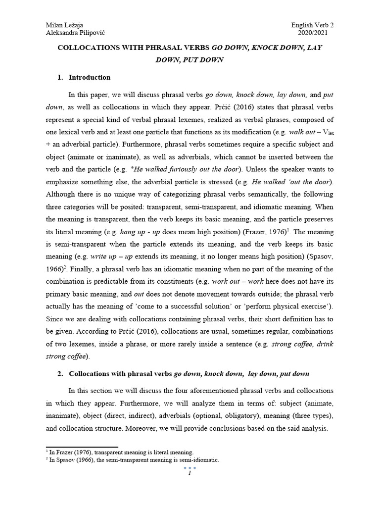 Seminar Paper Collocations With Phrasal Verbs Go Knock Lay Put Down ...