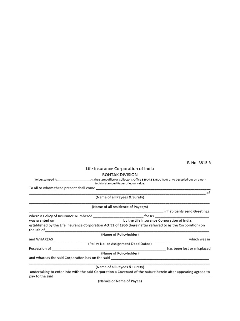 Lic Lost Policy Bond Format of Indemnity | PDF | Surety | Insurance