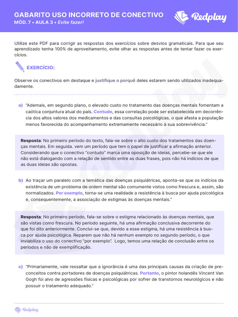 Gabarito Uso Incorreto Dos Conectivos | PDF | Distúrbio mental | Psicologia
